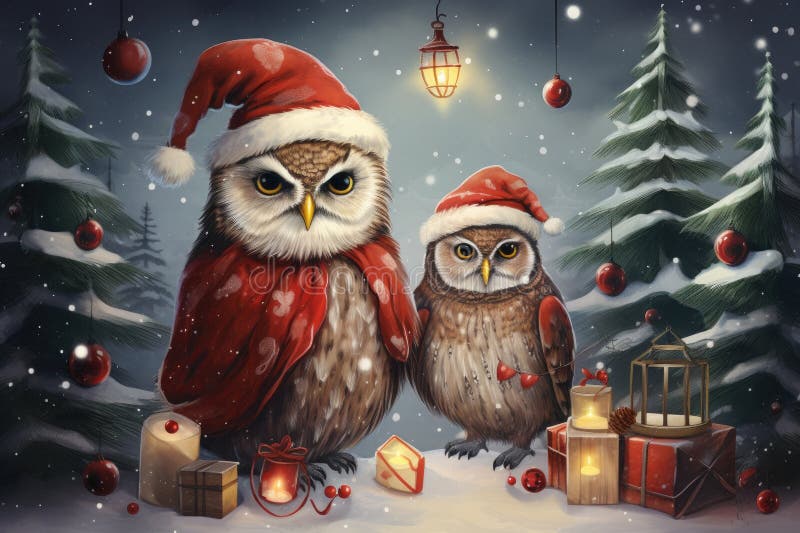 Christmas Tale with Owls Illustration Stock Photo - Image of snow ...