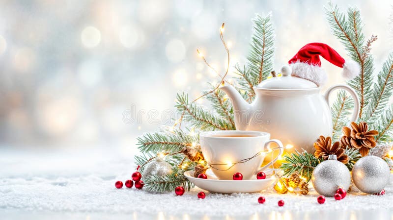 Christmas Tea with Festive Decorations: Teapot, Cup, Pine Branches ...