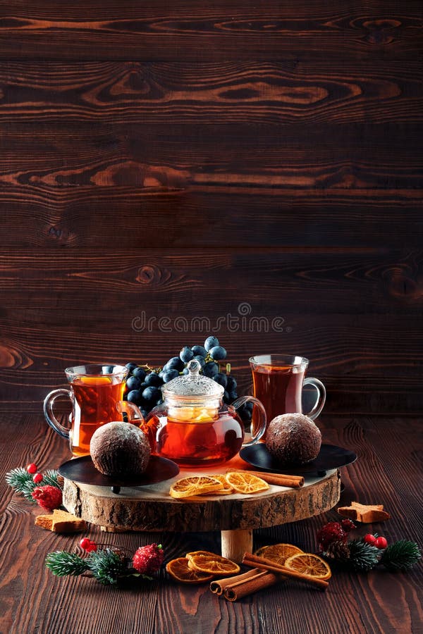 Christmas Tea - Grape and Lemon Tea with Chocolate Cake Stock Image ...