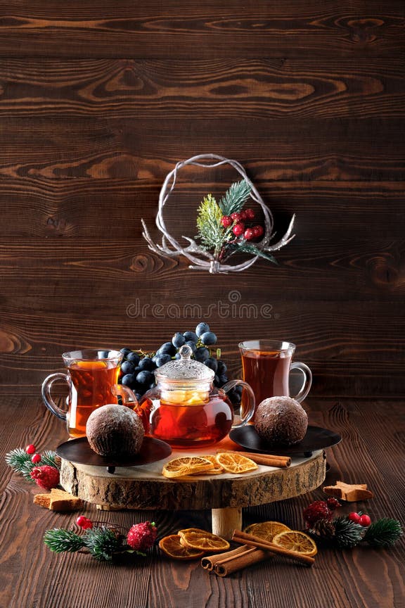 Christmas Tea - Grape and Lemon Tea with Chocolate Cake Stock Image ...