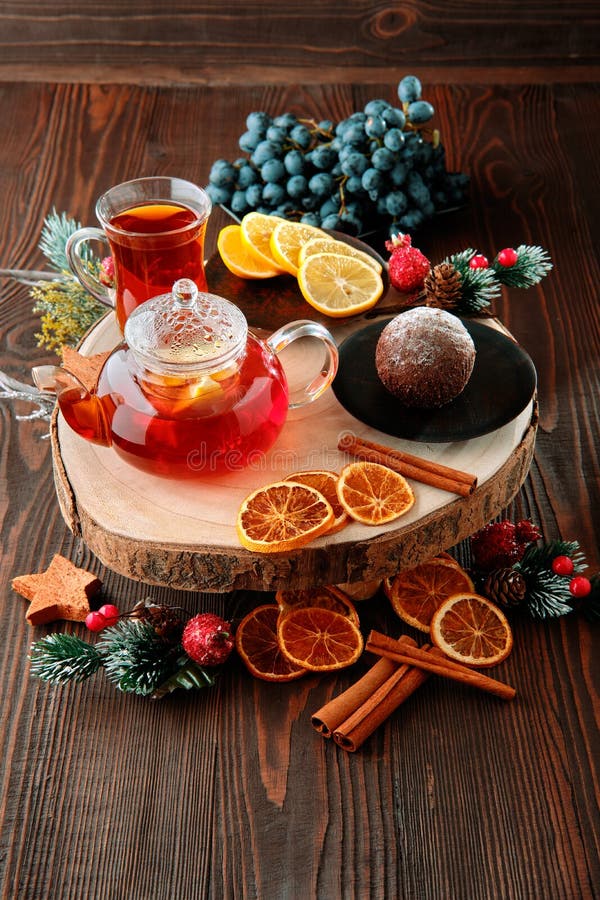 Christmas Tea - Grape and Lemon Tea with Chocolate Cake Stock Photo ...