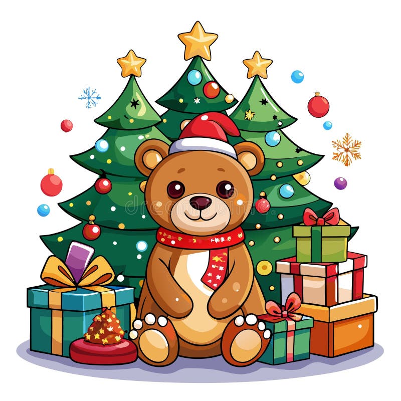 A Christmas Teddy Bear with Christmas Presents. Sits Under a Festively ...