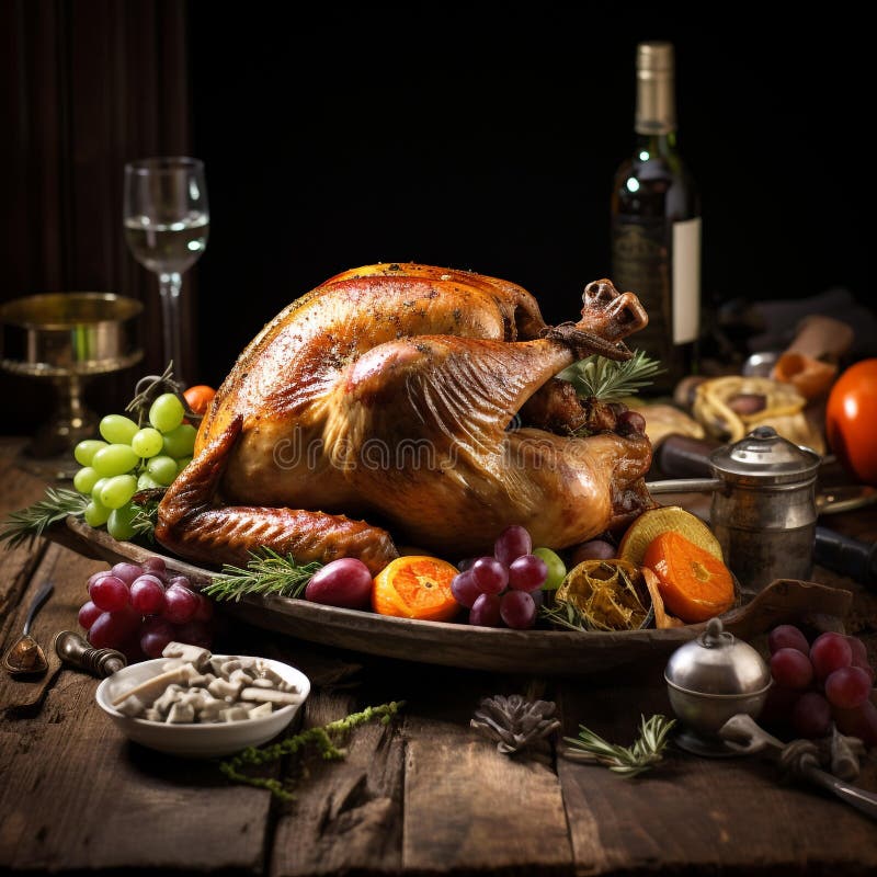 Christmas or Thanksgiving Turkey on Rustic Wooden Table, AI Generated ...