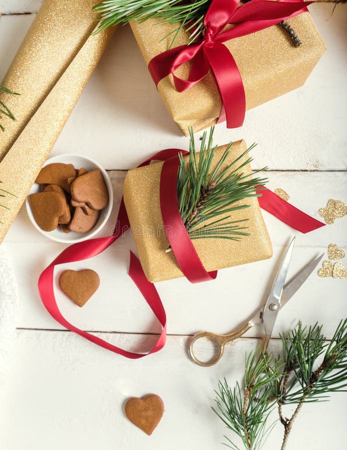 Christmas Theme. Gift Wrapping Process Stock Image - Image of modern ...