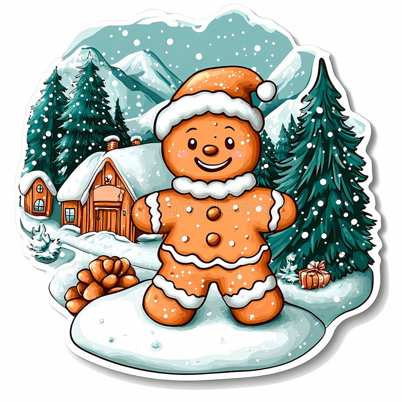 Christmas Theme with Gingerbread Man in the Snow and Pine Trees Stock ...