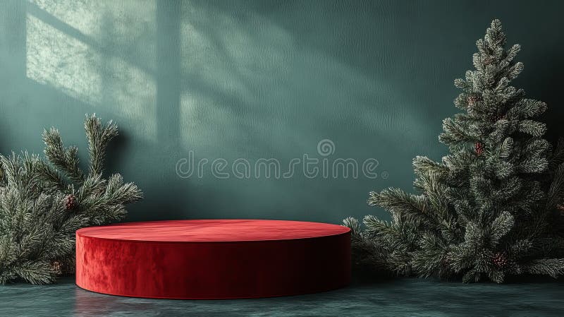 In a Christmas Theme, a Red Podium is Utilized for Product Placement in ...