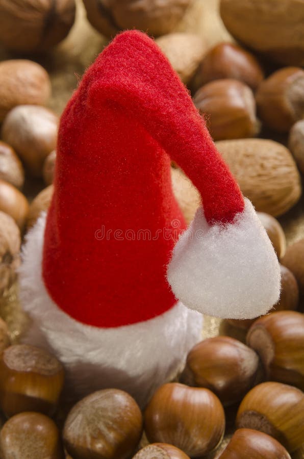 Christmas Theme with Santa Hat and Various Nuts Stock Image - Image of ...