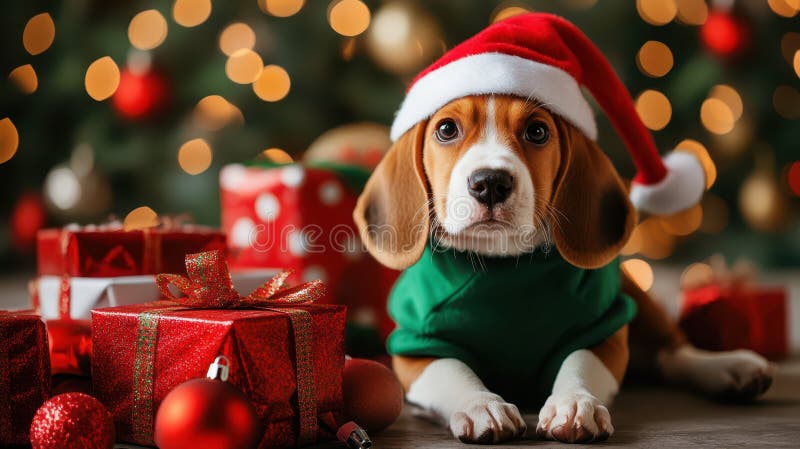 Christmas-themed Beagle Puppy in Elf Hat with Presents Stock Photo ...