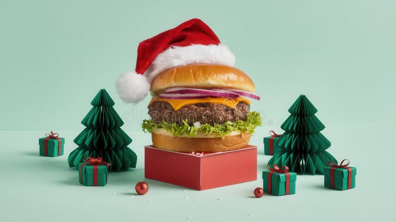 Christmas-themed Burger with Gift Boxes and Festive Decorations Stock ...