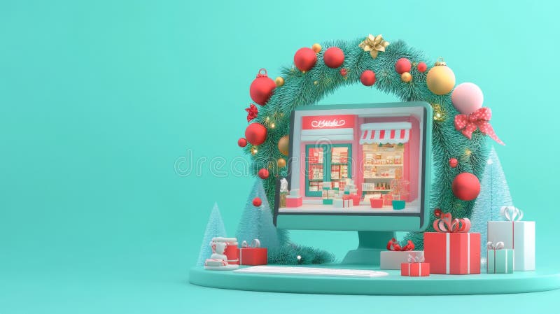Christmas-Themed Computer Screen with a Store Display and Decorations ...