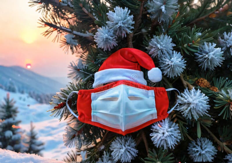 Christmas-Themed Face Masks Displayed on a Snowy Pine Tree, at Dusk ...
