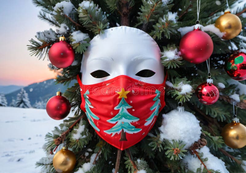 Christmas-Themed Face Masks Displayed on a Snowy Pine Tree, at Dusk ...