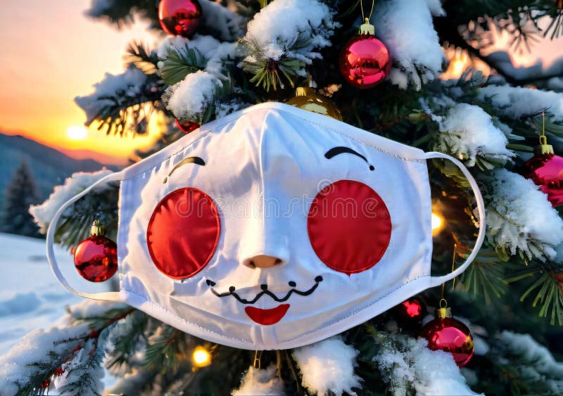 Christmas-Themed Face Masks Displayed on a Snowy Pine Tree, at Dusk ...