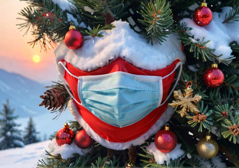 Christmas-Themed Face Masks Displayed on a Snowy Pine Tree, at Dusk ...
