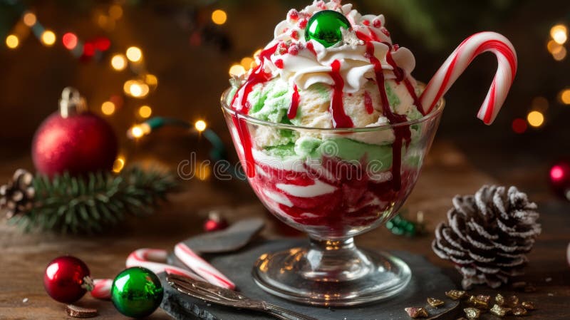 Christmas-Themed Ice Cream Sundae with Candy Cane and Ornaments Stock ...