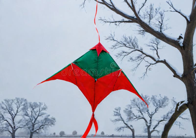 A Christmas-Themed Kite Stuck in a Tree, on a Windy Winter Day ...