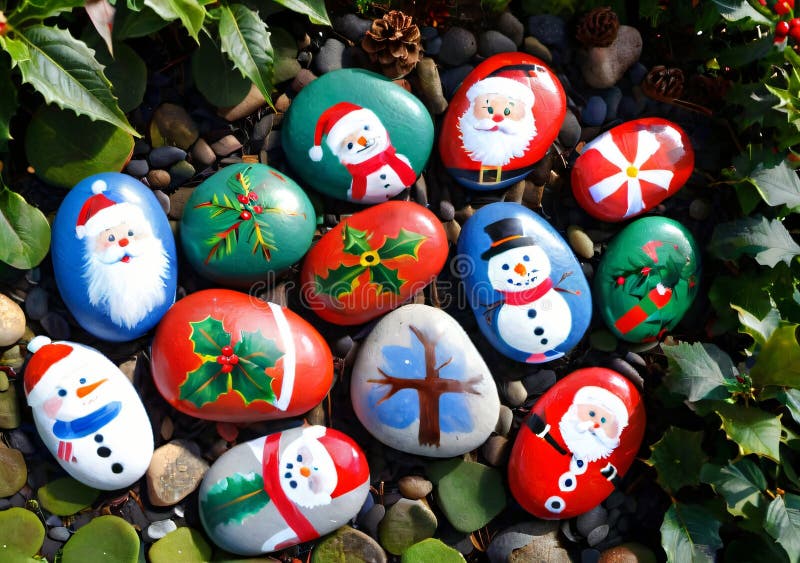 Christmas-Themed Painted Pebbles in a Garden, at Midday. Generative AI ...