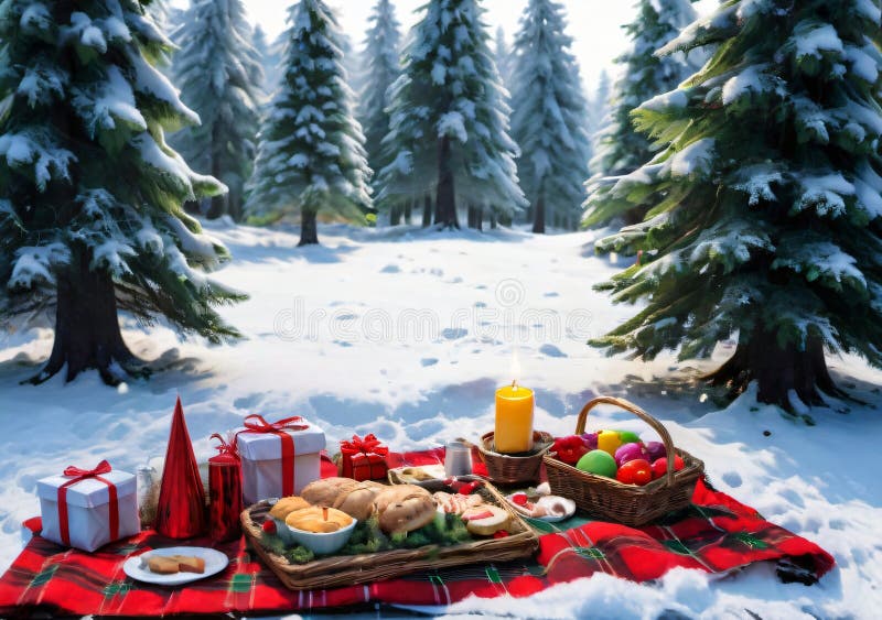 A Christmas-Themed Picnic in a Snowy Forest, at Midday. Generative AI ...