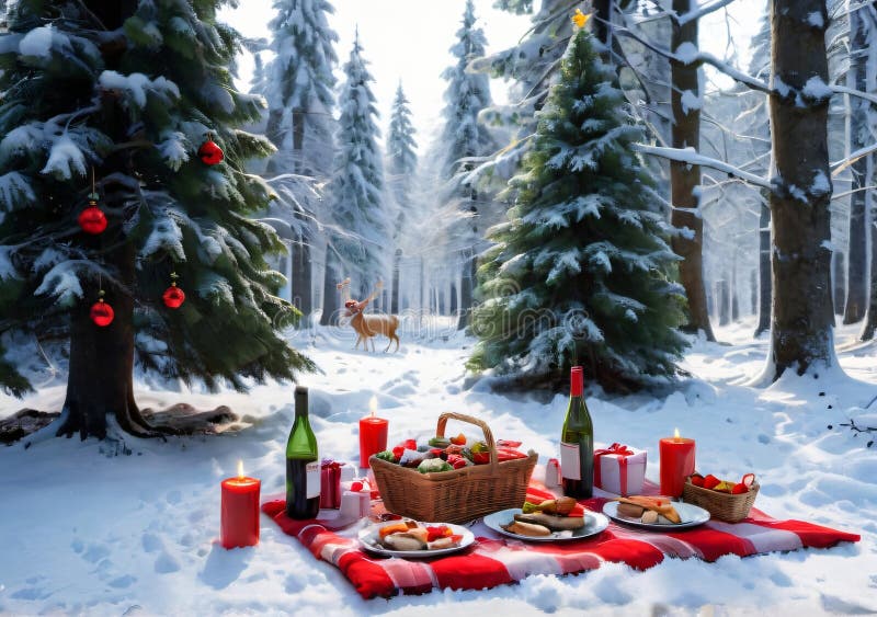 A Christmas-Themed Picnic in a Snowy Forest, at Midday. Generative AI ...