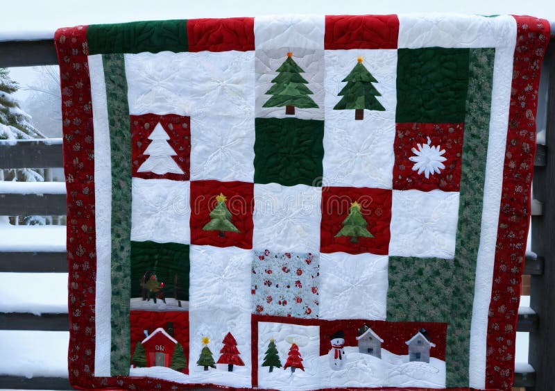 Christmas Themed Quilt on a Bed, with a Snowy Window Scene. Generative ...