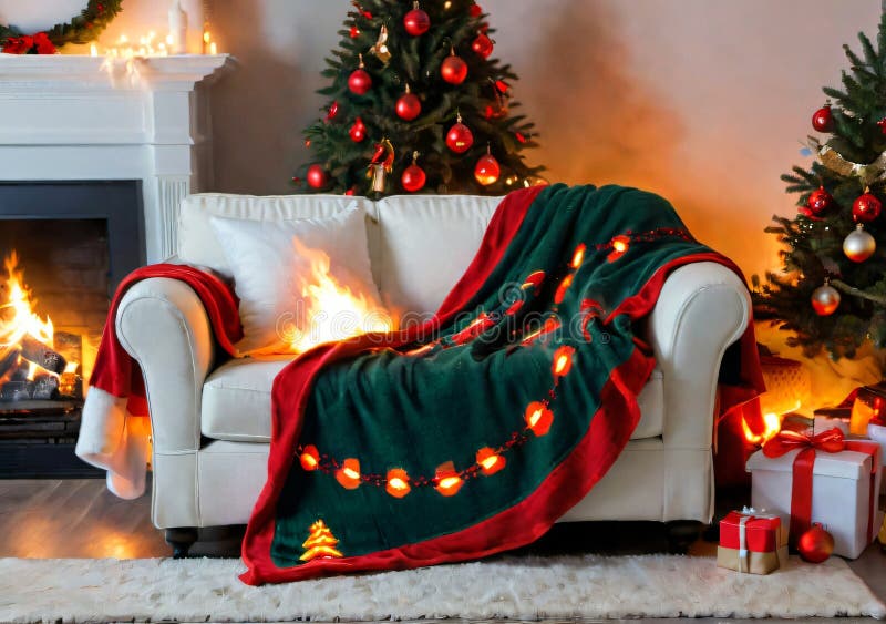 A Christmas-Themed Throw Blanket on a Couch, with a Fire Glowing ...
