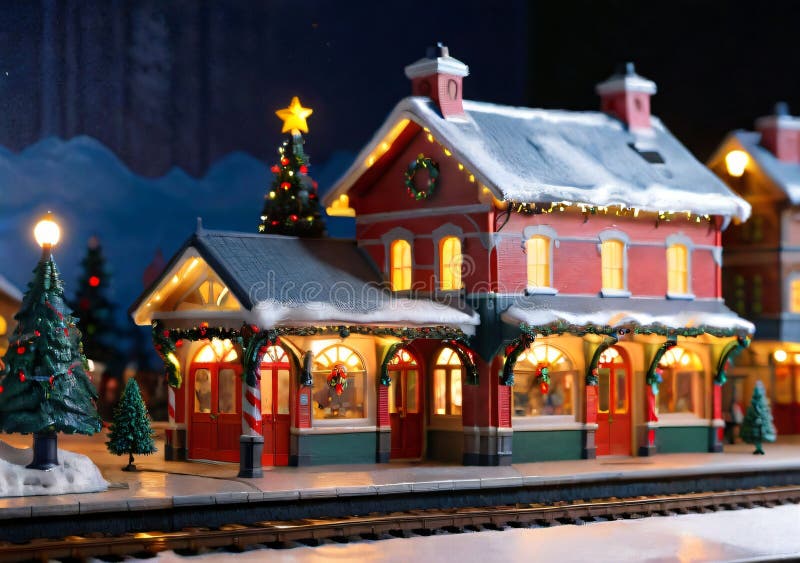 A Christmas-Themed Train Station Model, with Evening Lighting ...