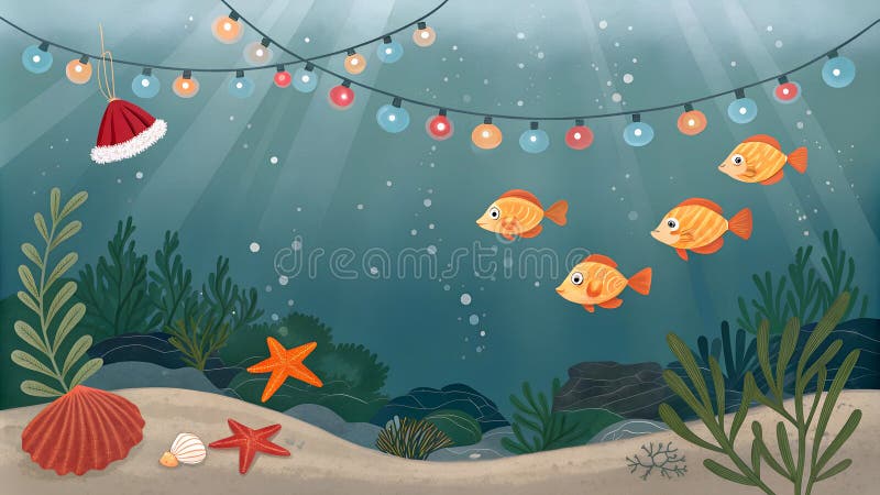 Christmas-themed Underwater Scene with Fish and Festive Lights Stock ...