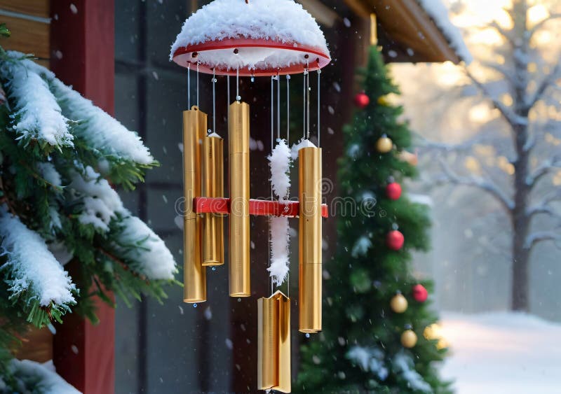 Christmas-Themed Wind Chimes in a Gentle Snowfall, with Soft Morning ...