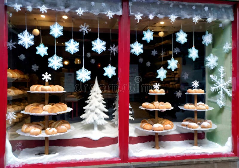 A Christmas-Themed Window Display in a Bakery, with Snowflakes ...