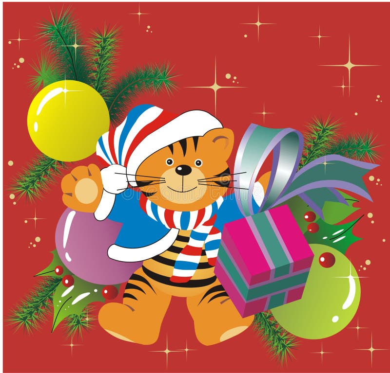Joyful Christmas tiger stock vector. Illustration of front - 10745785