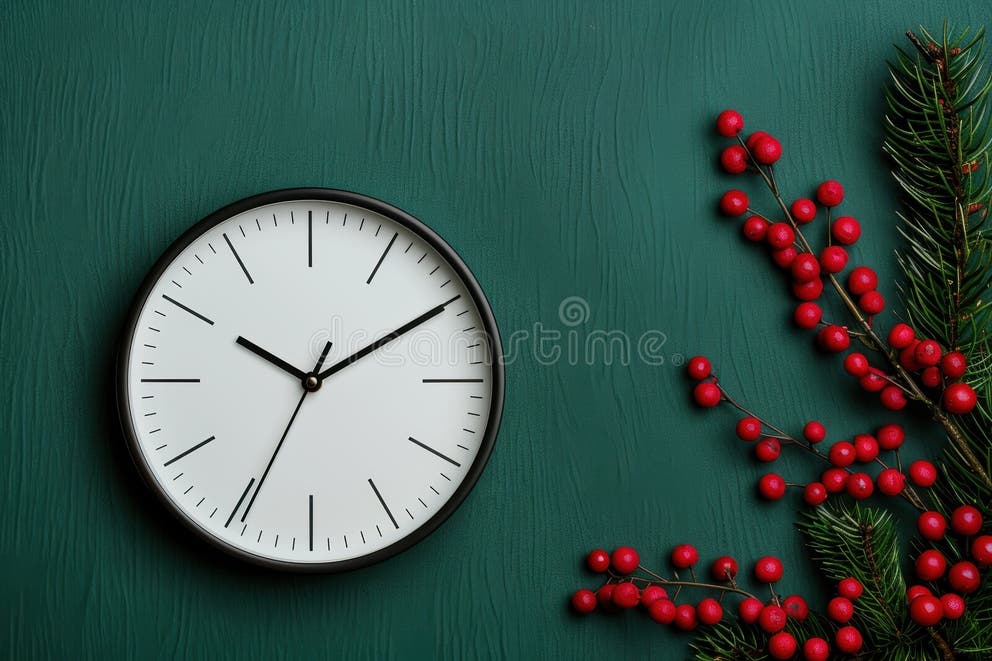 Christmas Time Clock and Berries Stock Illustration - Illustration of ...