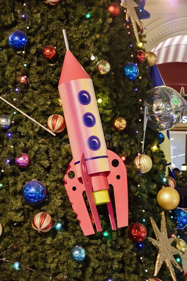 Christmas Toy in the Form of Rocket Hanging on Christmas Tree Stock ...