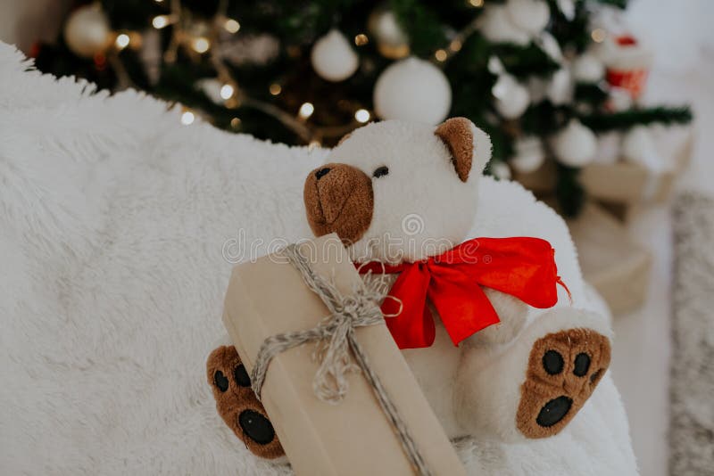 Christmas Toy White Teddy Bear Christmas Gifts Stock Image - Image of ...