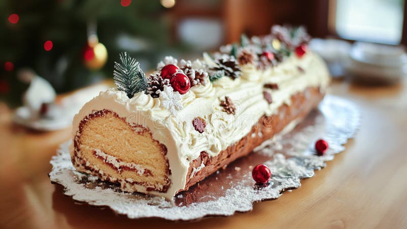 Christmas Traditional Log Cake on a Table Stock Illustration ...