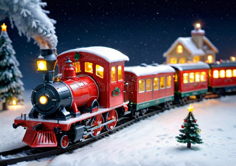 A Christmas Train Set Running in a Snowy Landscape, at Night ...
