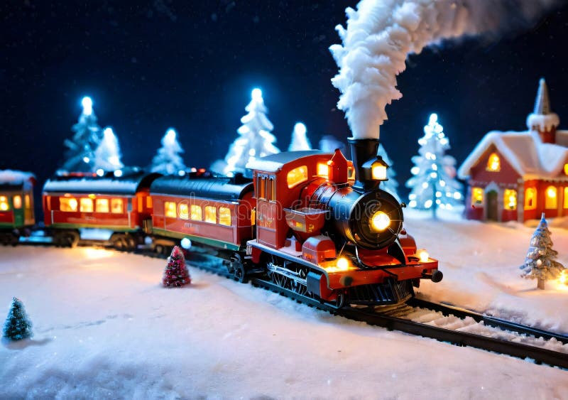 A Christmas Train Set Running in a Snowy Landscape, at Night ...
