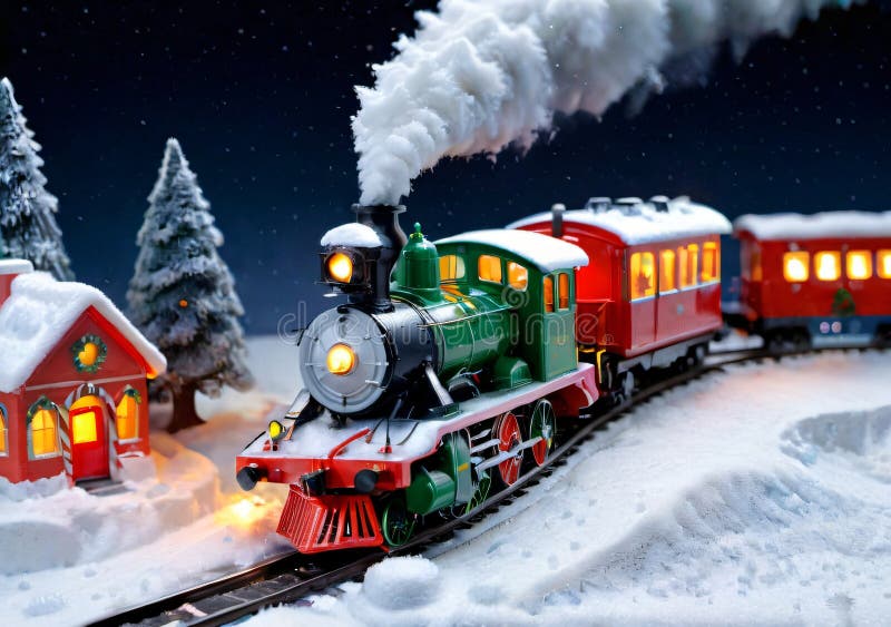 A Christmas Train Set Running in a Snowy Landscape, at Night ...