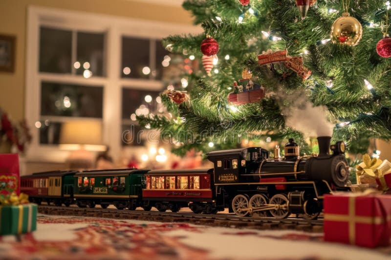 Christmas Train Set Underneath a Decorated Christmas Tree Stock ...