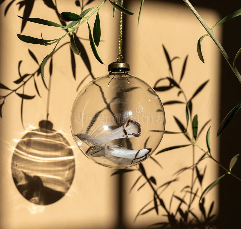 Christmas Transparent Ball with Bird Feathers Inside. Stock Image ...