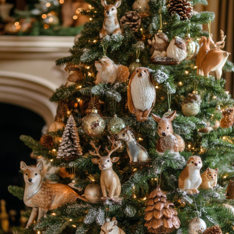 Christmas Tree Adorned with Woodland Animal Ornaments Stock ...