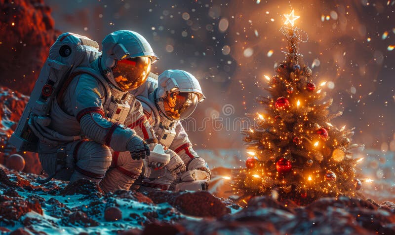 Christmas Tree and Astronauts in Spacesuits on the Background of the ...