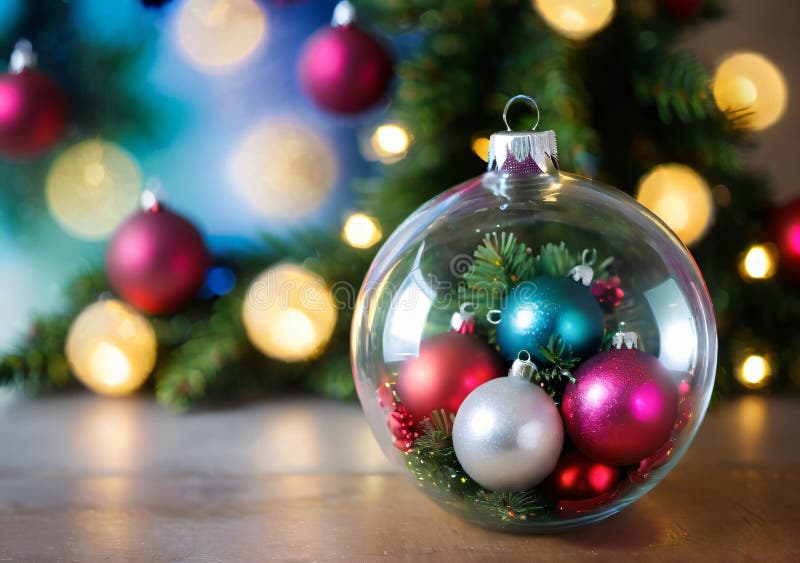 Christmas Tree Baubles in a Glass Bowl, with a Bokeh Effect Background ...