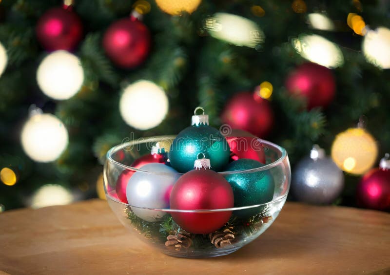 Christmas Tree Baubles in a Glass Bowl, with a Bokeh Effect Background ...