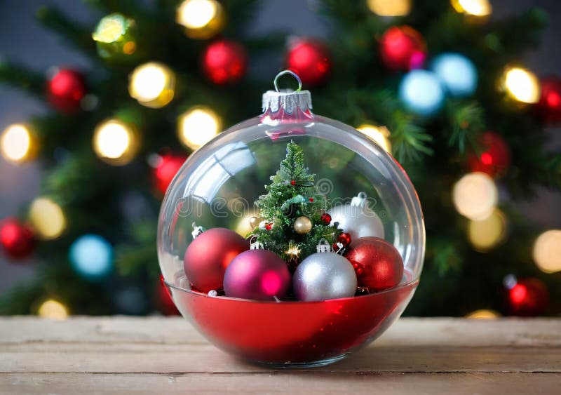 Christmas Tree Baubles in a Glass Bowl, with a Bokeh Effect Background ...