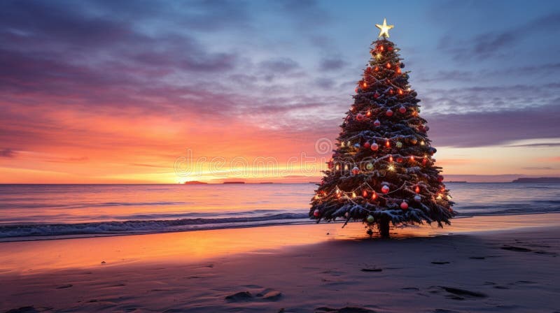 Christmas Tree on the Beach at Sunset Stock Illustration - Illustration ...