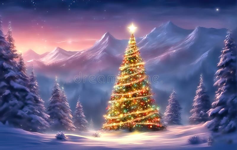 Christmas Tree with Beautiful Lights among Trees Covered with Snow ...