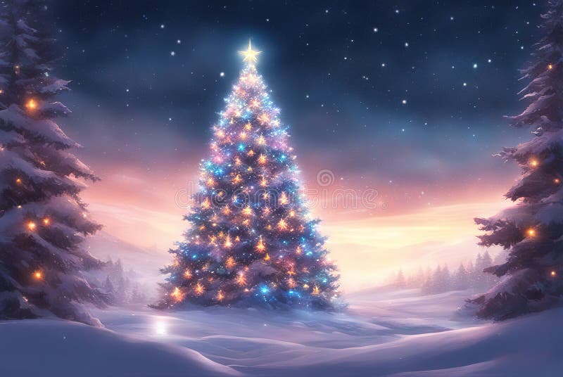 Christmas Tree with Beautiful Lights among Trees Covered with Snow ...