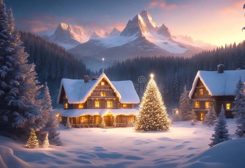 Christmas Tree with Beautiful Lights among Trees Covered with Snow ...