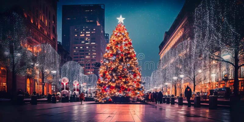 Christmas Tree in a Big City with Bright Decorations and Lights. Generative AI Stock ...