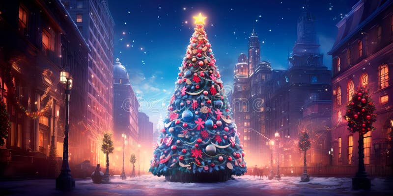 Christmas Tree in a Big City with Bright Decorations and Lights ...